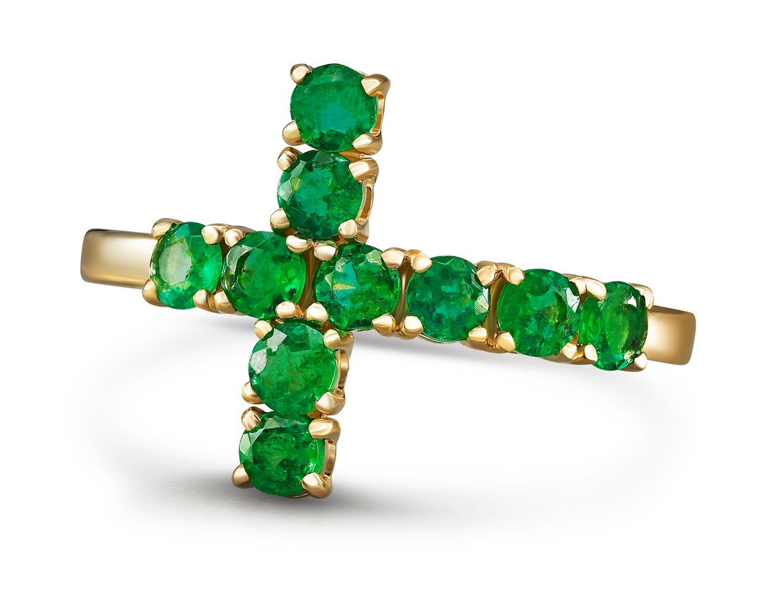 Natural Emerald Cross Ring Band/ Round Emerald Gold Ring/ Elegant Cross ...