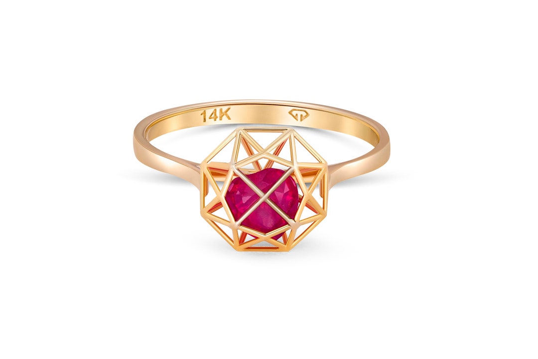 Heart Ruby 14k Gold Ring. Red Ruby Heart in Jail Ring. Heart in a ...