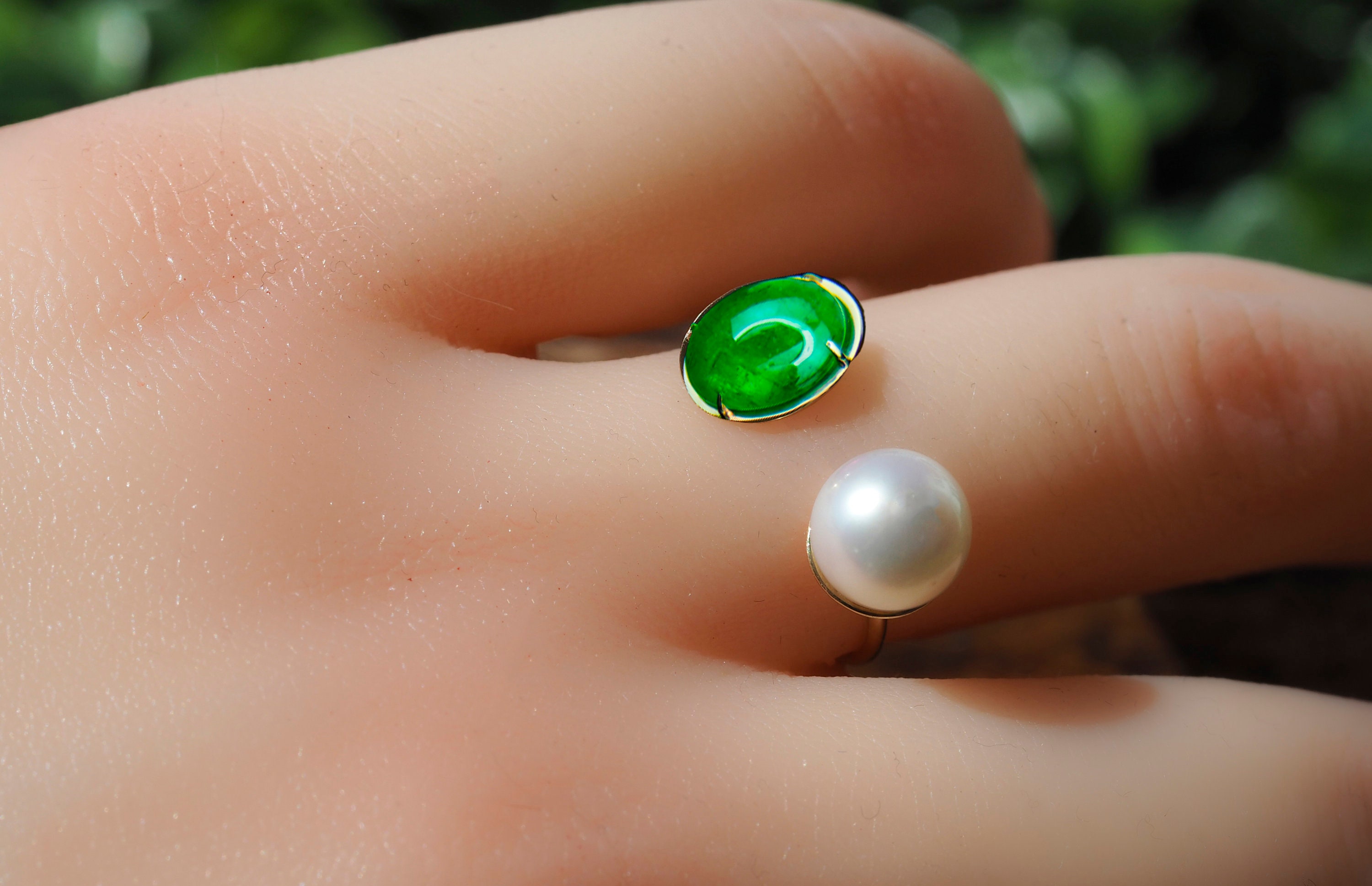 Emerald and Pearl 14k Gold Ring/ Open Ended Ring With Emerald/ Cabochon ...