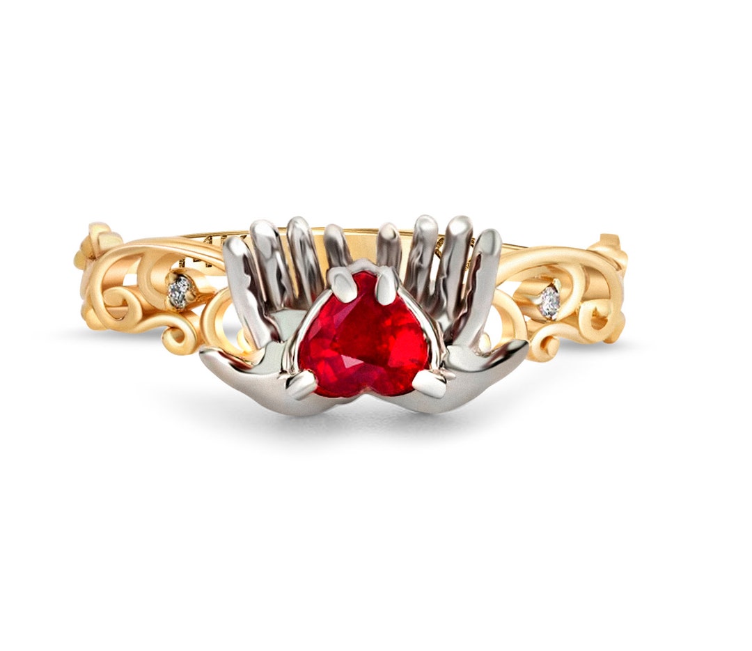 Heart Ruby 14k Gold Ring/ Heart in Hands Ruby Ring/ Ruby Gold Ring ...