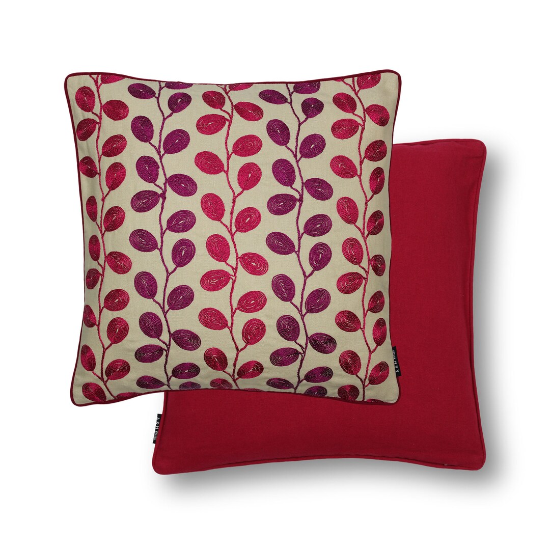 Embroidered Leaf Cushion Leaf Design Pillow in Shades of Ruby Red and ...