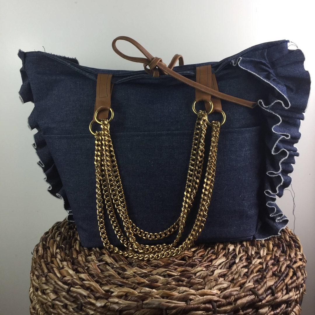 DENIM DARLING/ SHOPPER (super Sized Made to Order Denim Purse With Raw ...