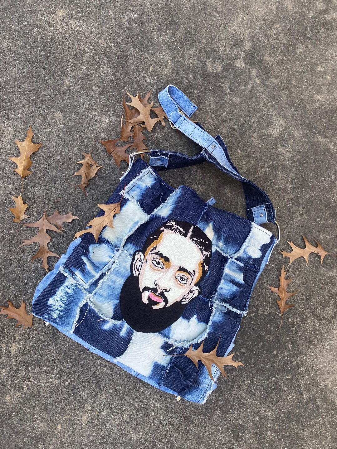 26 - Leather and Hand Bleached Denim Shoulder Tote Bag With Basket ...