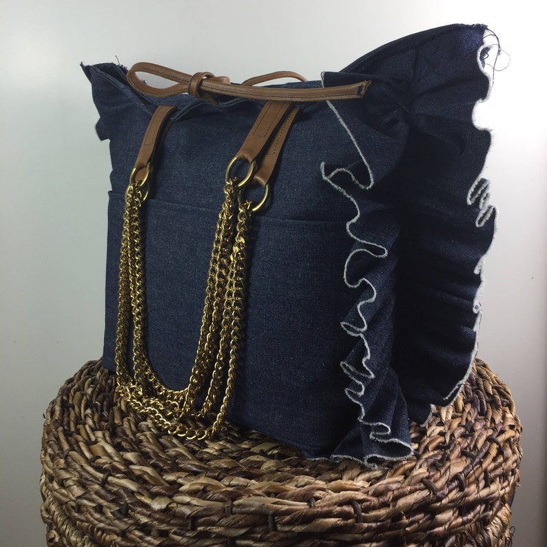DENIM DARLING/ SHOPPER (super Sized Made to Order Denim Purse With Raw ...
