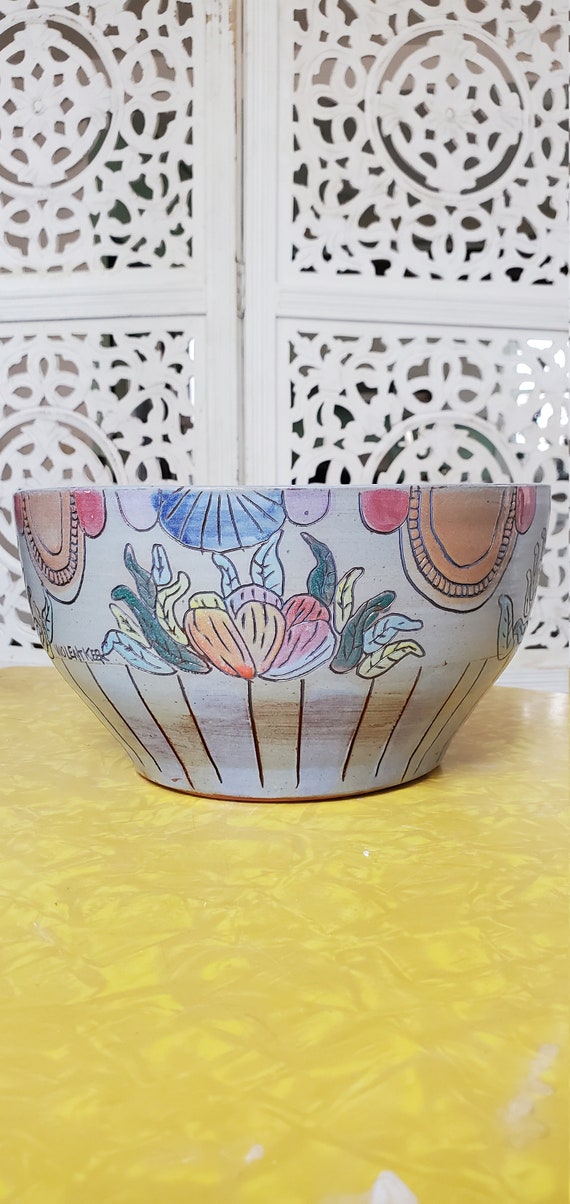 Large Blue Bowl With Floral Pattern and Stripes - Etsy