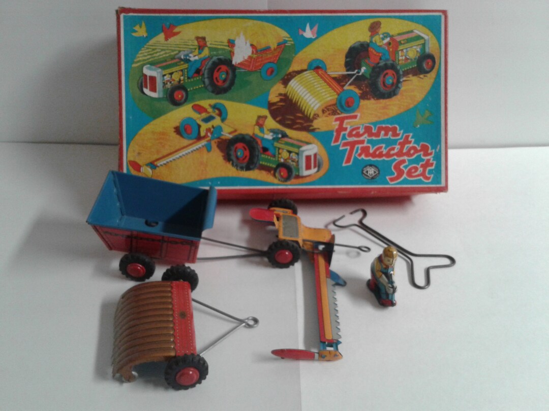 Vintage Trademark Japan Tin Litho FARM TRACTOR SET Modern Toys Japan ...