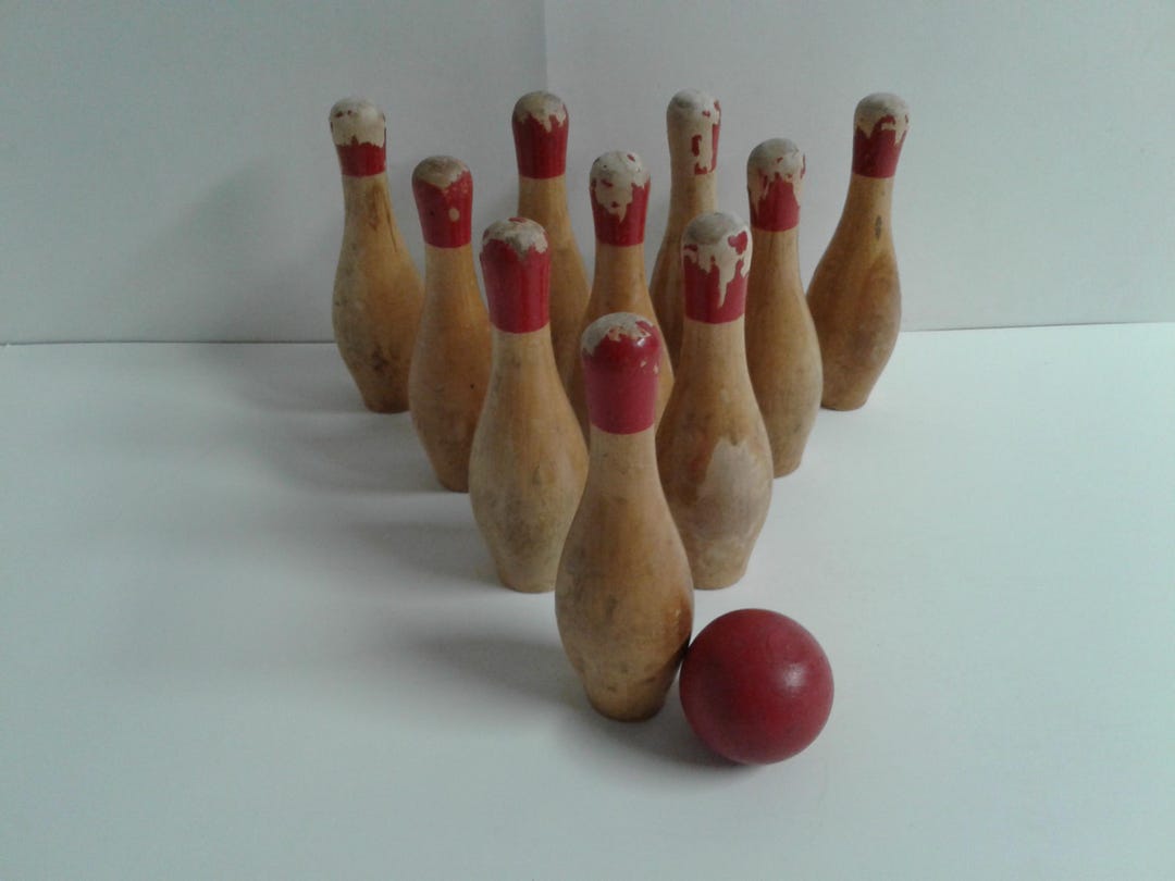 Vintage Wooden Mini Bowling Pins and Ball 10 Pin Set Game With Wood ...