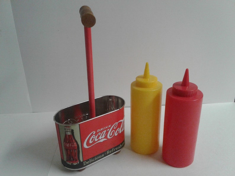 COCA-COLA Condiment Holder Tin Wood & Plastic Mustard Ketchup | Etsy