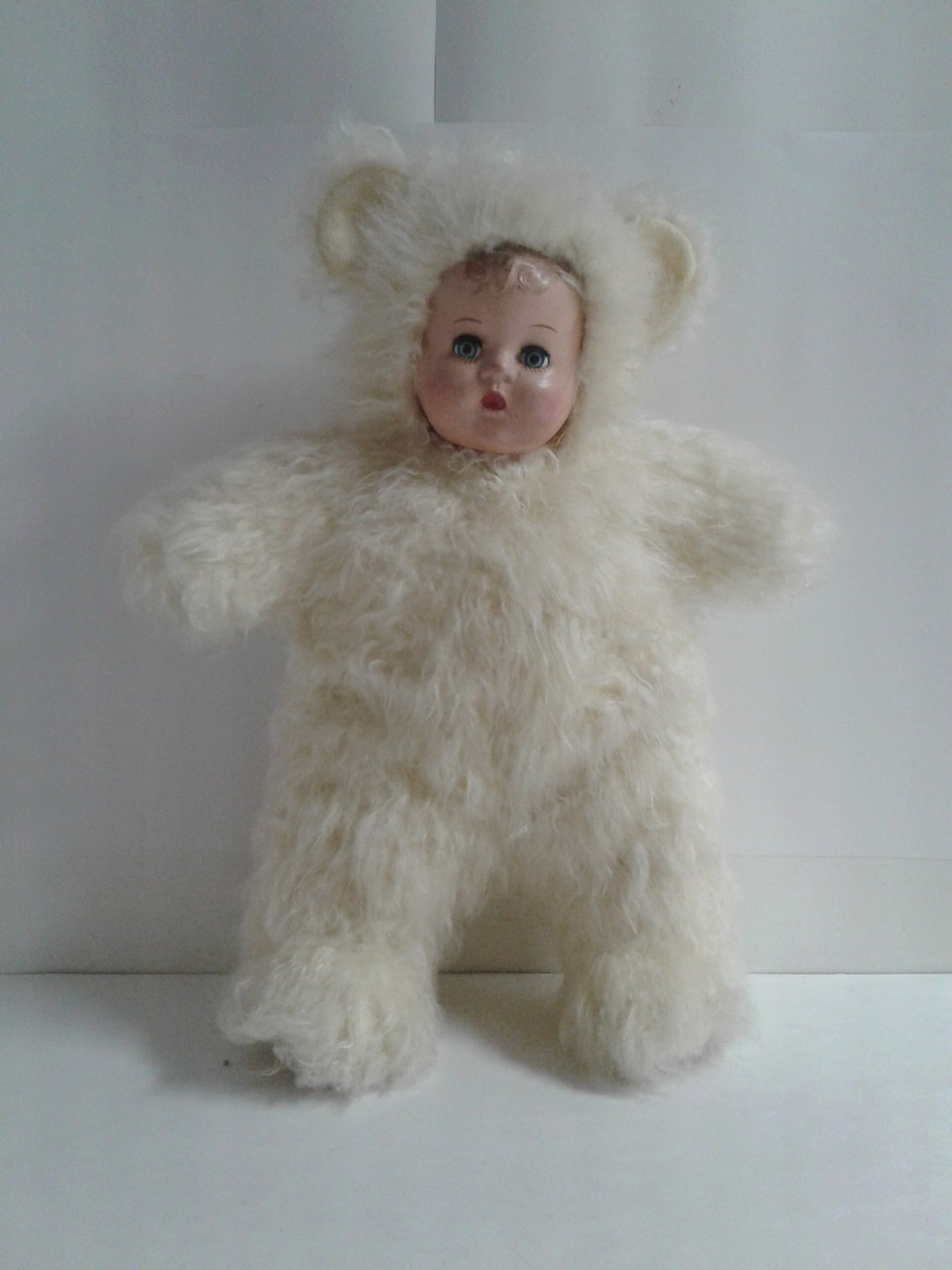 Vintage 16 Inch Celluloid Face Baby Doll Yellow Mohair Bear Body/suit ...