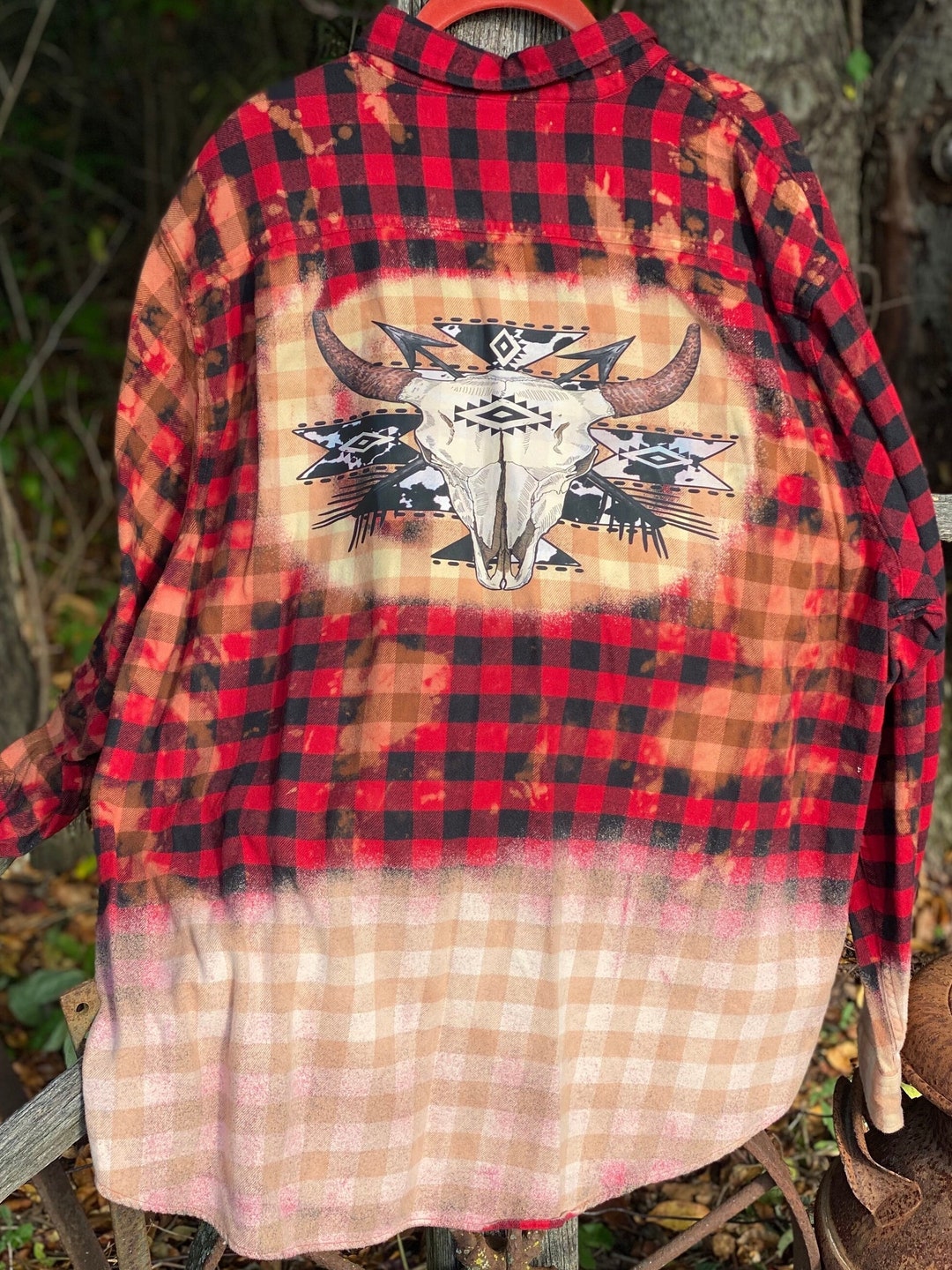 Red and Black Bleached Flannel, Distressed Flannel Men’s 2XL Repurposed ...