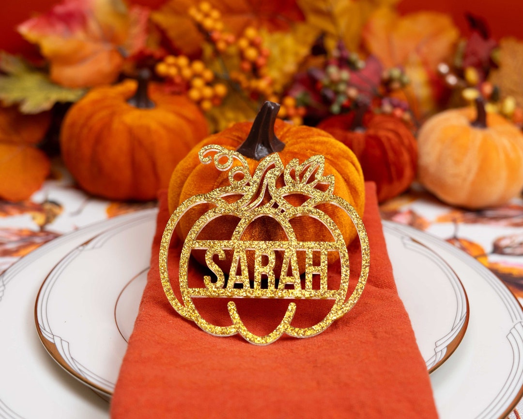 Gold Thanksgiving Decor - Name Place Card - Custom Name Tag - Pumpkin ...