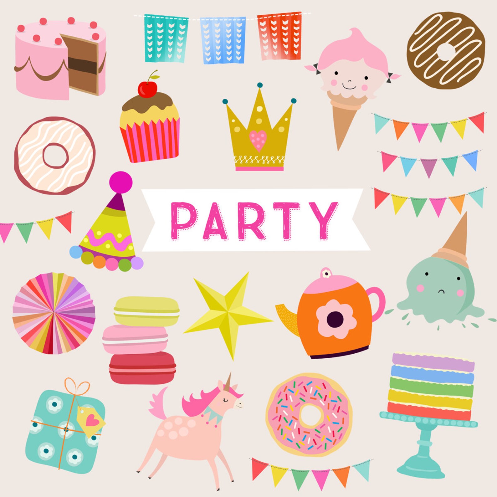 Party Clipart - Birthday Party Clipart, Cake Clipart, Donut Clipart ...