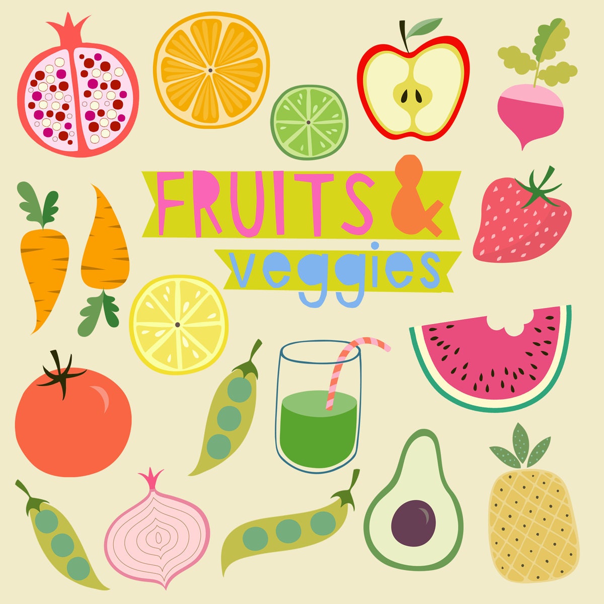 Fruits & Veggies Clipart - Green Smoothie Clipart, Pomegranate Clipart ...
