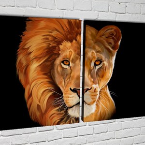 Lion & Lioness Couple Half Face Black Canvas Print Wall Art Home Decor ...