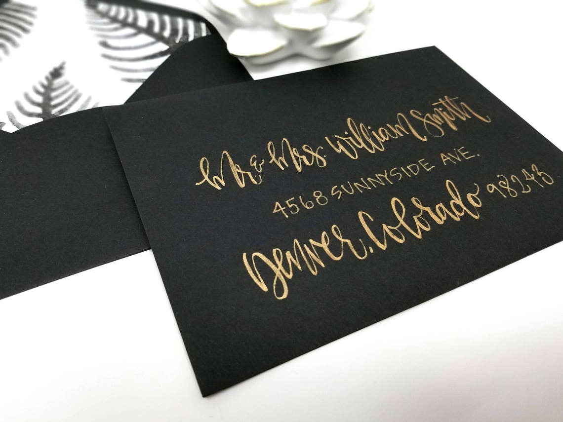 Hand Written Calligraphy Envelope on Black Envelope With Gold - Etsy