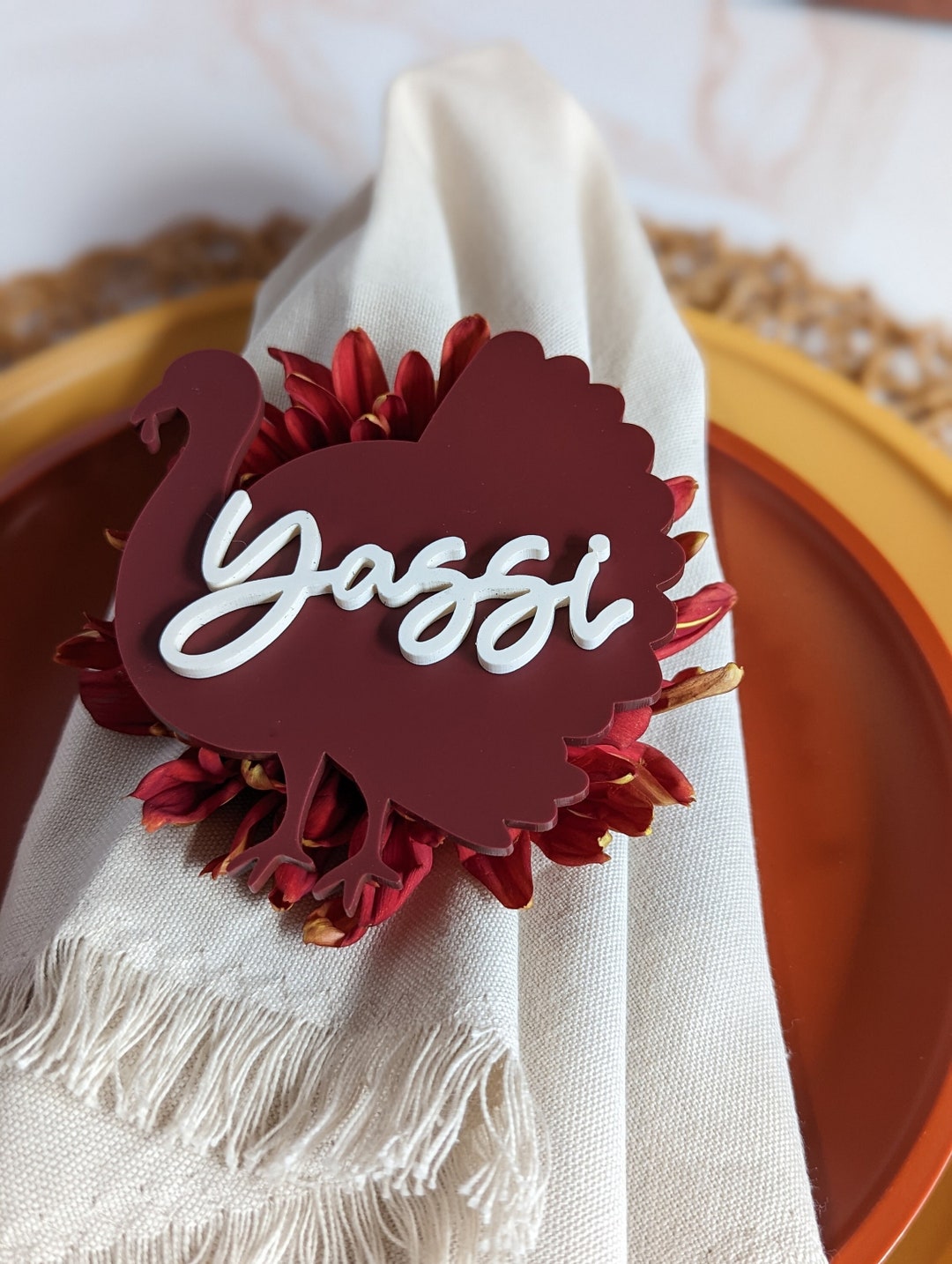 Maroon Thanksgiving Place Card W/ Layered Acrylic Name, Turkey Place ...
