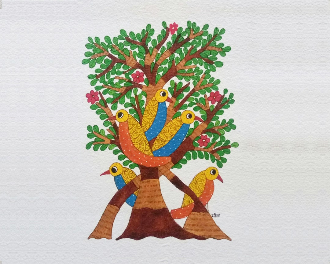 Original Gond Art Painting: Family of Birds Watercolor on Handmade ...