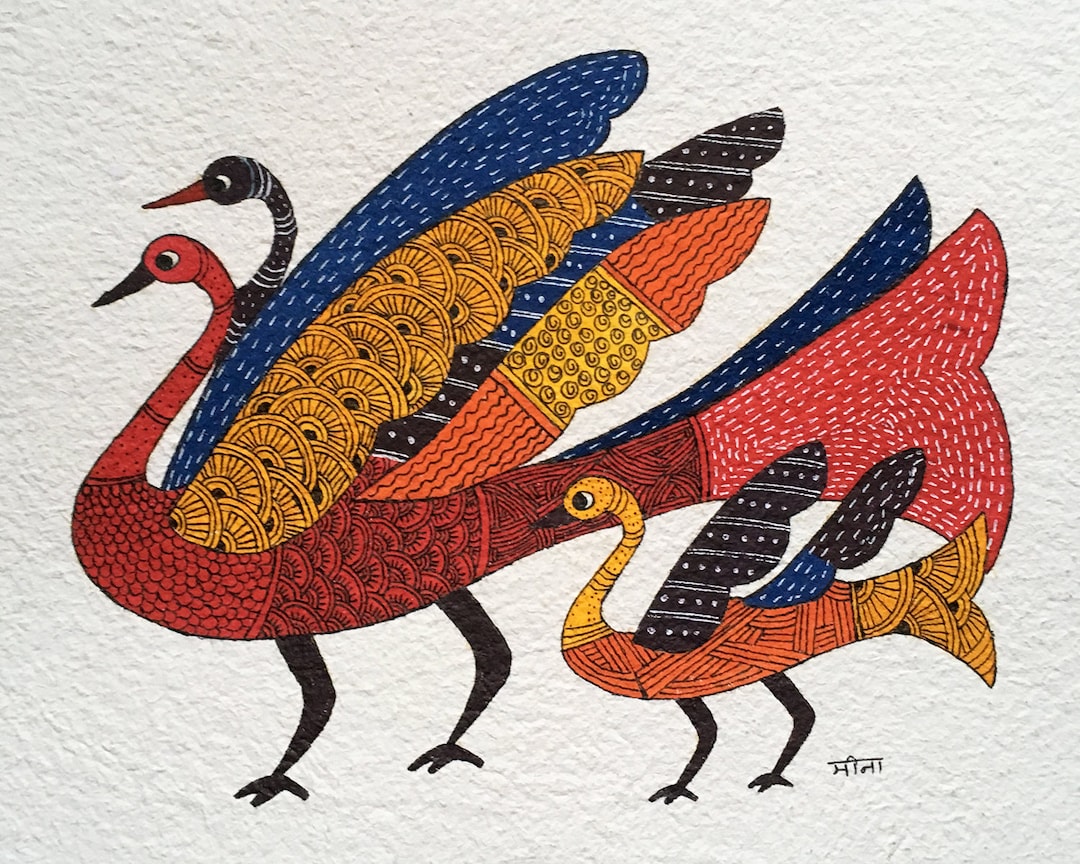 Gond Art Painting: Family of Birds, Indian Tribal Art - Etsy