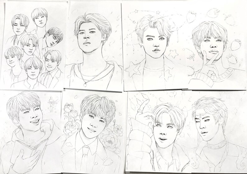 BTS Coloring Pages 8 BTS Realistic Drawings of Fantasy on - Etsy
