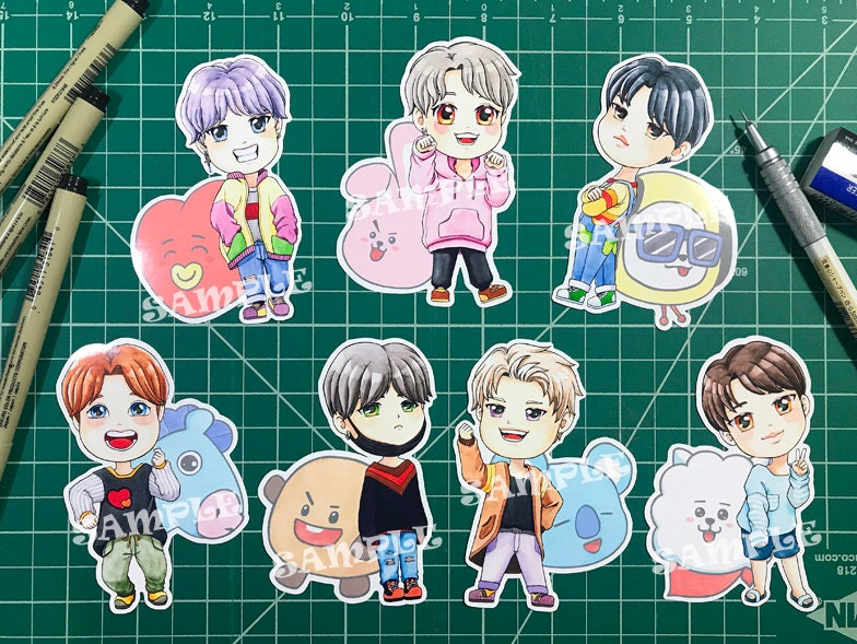 Bts Chibi Stickers Big Bts Handmade Glossy Stickers With Bt21 Etsy
