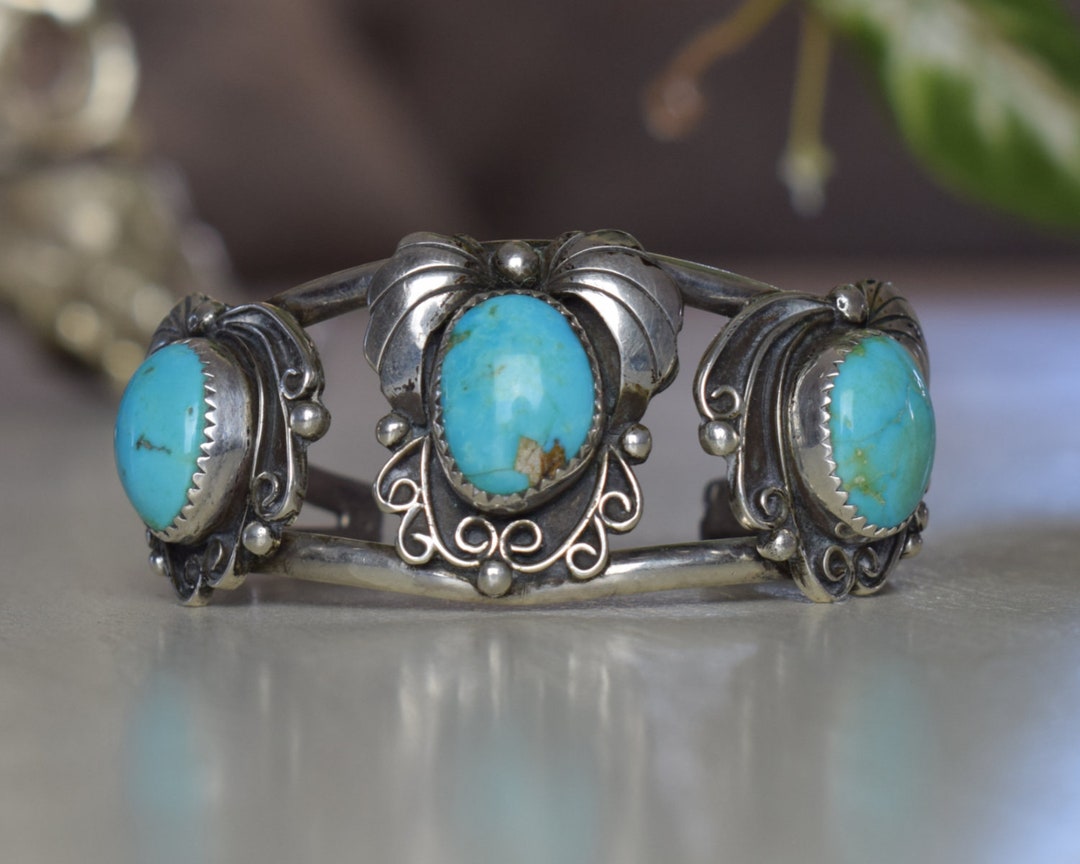 Blue Turquoise Silver Matrix Triple Stone Sterling Leaf Feather Native ...