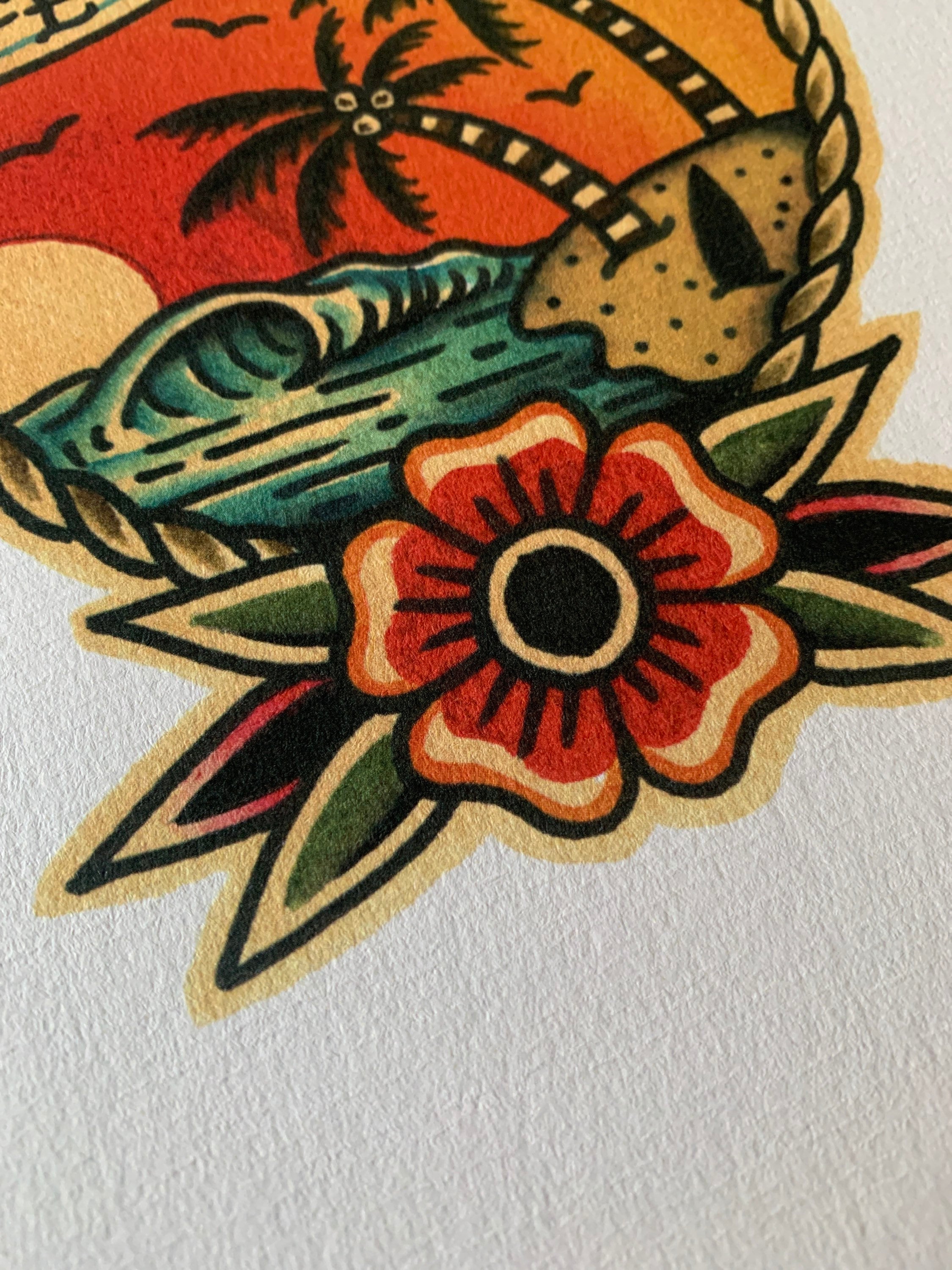 American Traditional A5 Classic Beach Old School Tattoo Flash Art Print ...