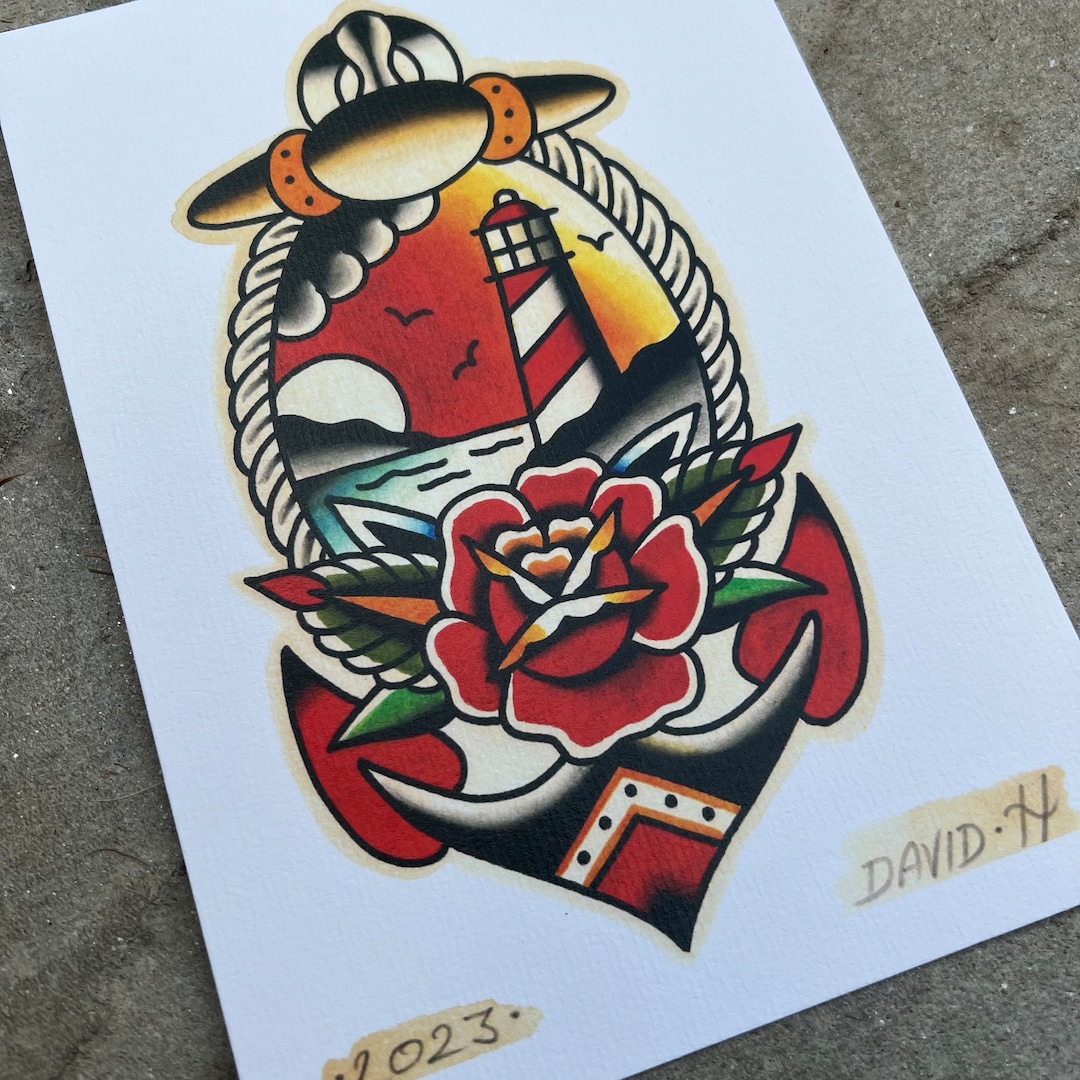 American Traditional A5 Old School Nautical Lighthouse Tattoo Flash ...