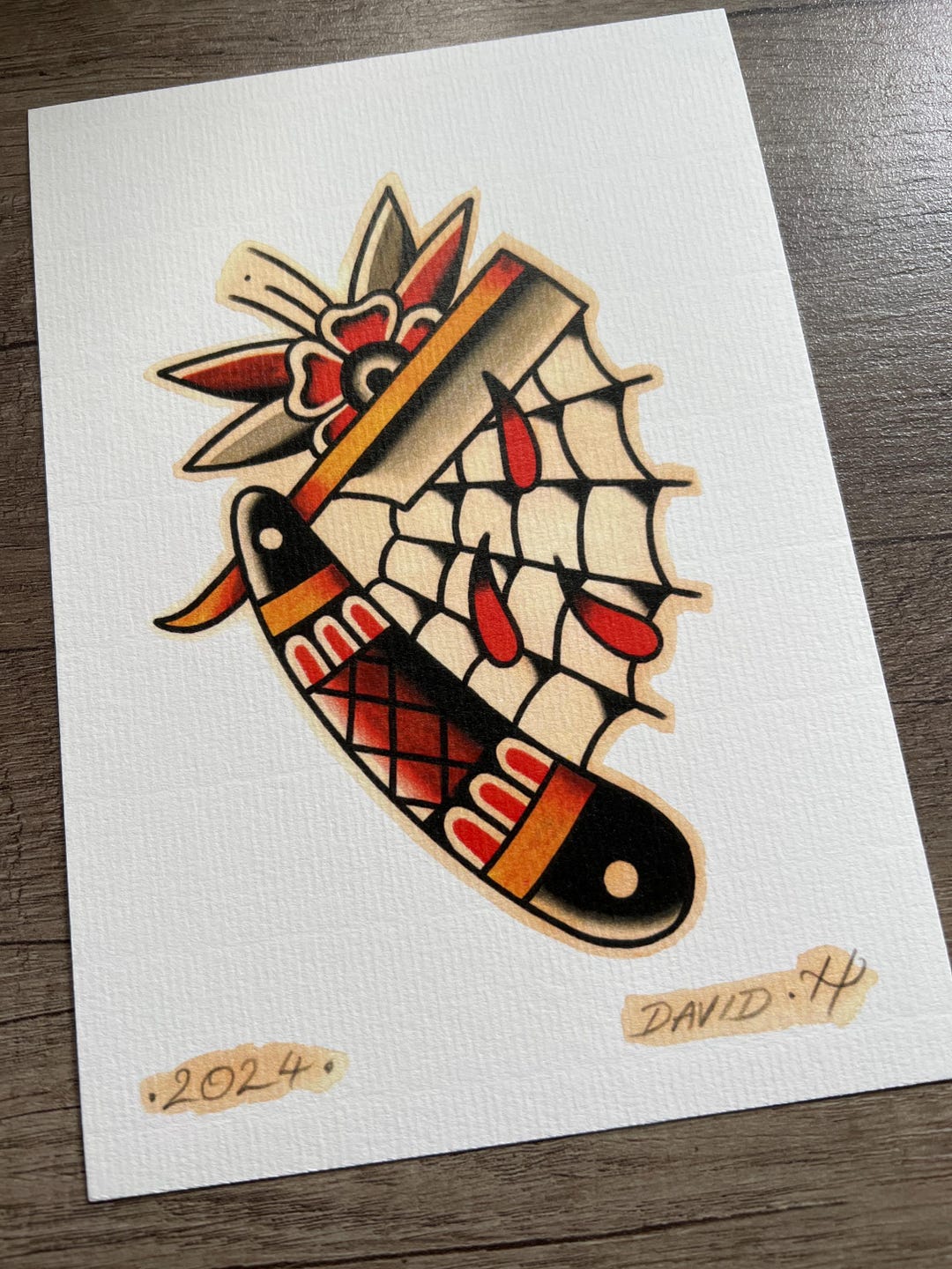 Traditional Pinup Cutthroat Razor Cobweb Old School Tattoo Flash A5 ...