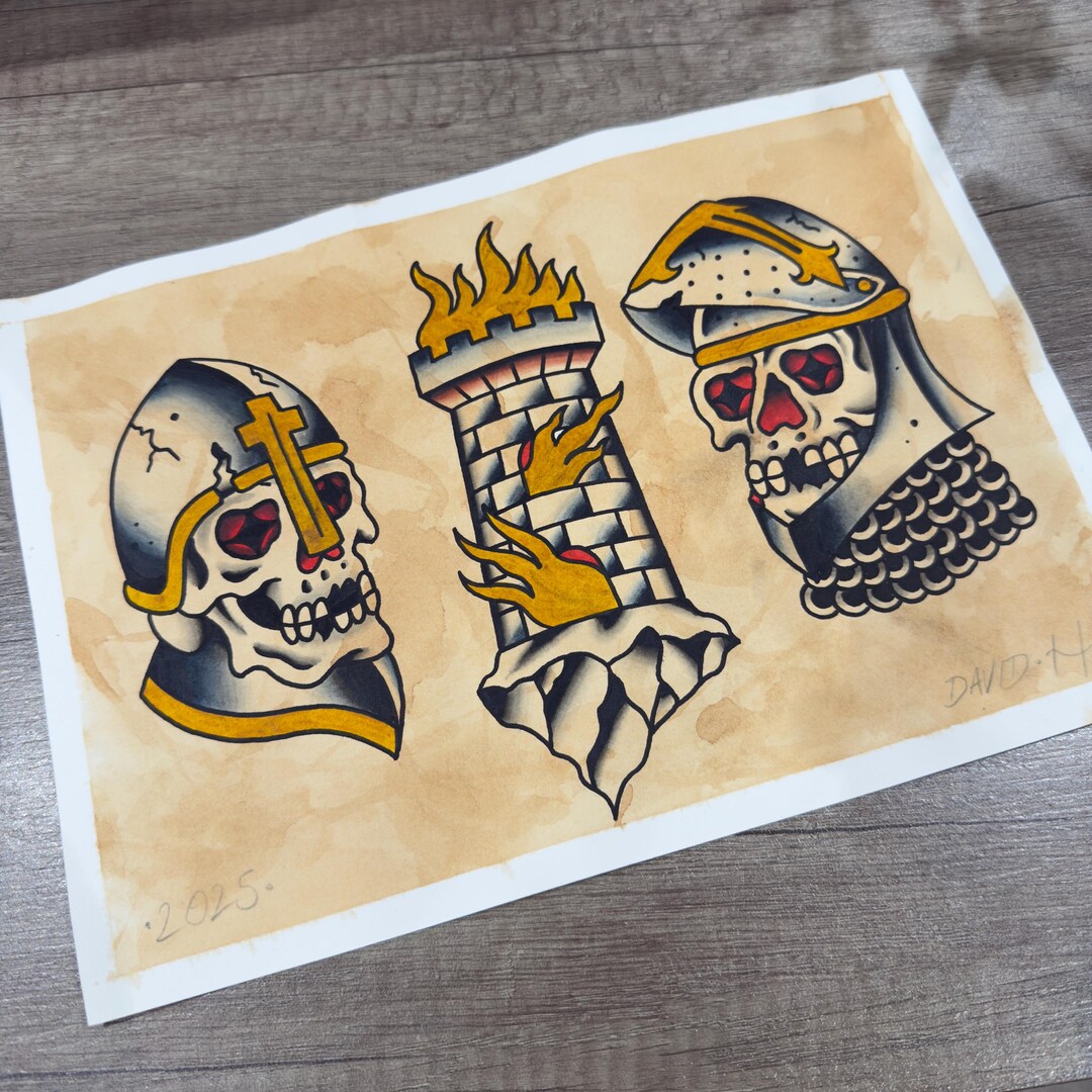 Original Traditional Handpainted A4 Medieval Skull Tattoo Flash ...