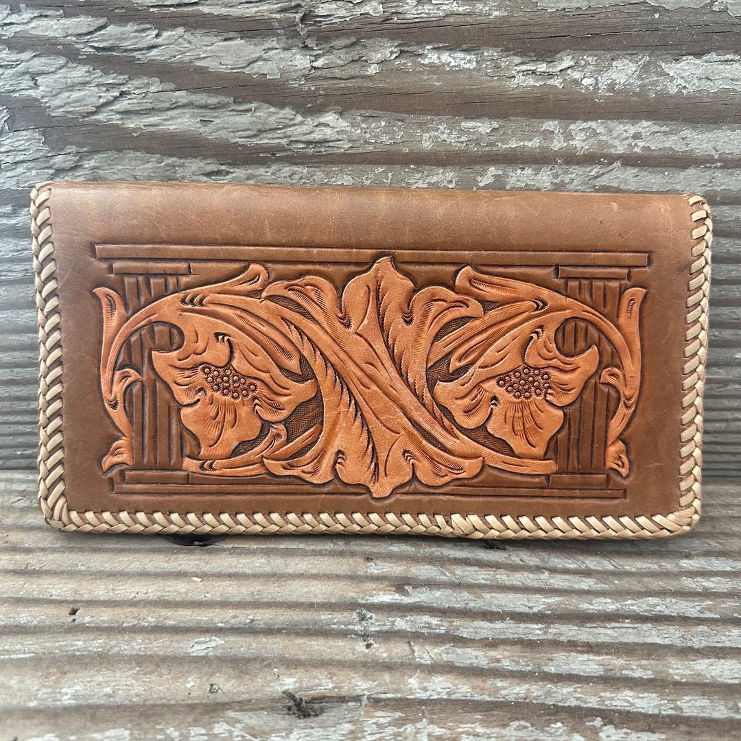 Vintage Hand Tooled Genuine Faux Leather Checkbook Wallet Boho Hippie ...