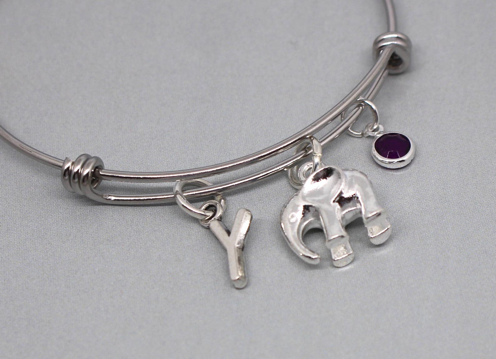 Elephant Bangle Elephant Bracelet Silver Initial Bangle Birthstone ...
