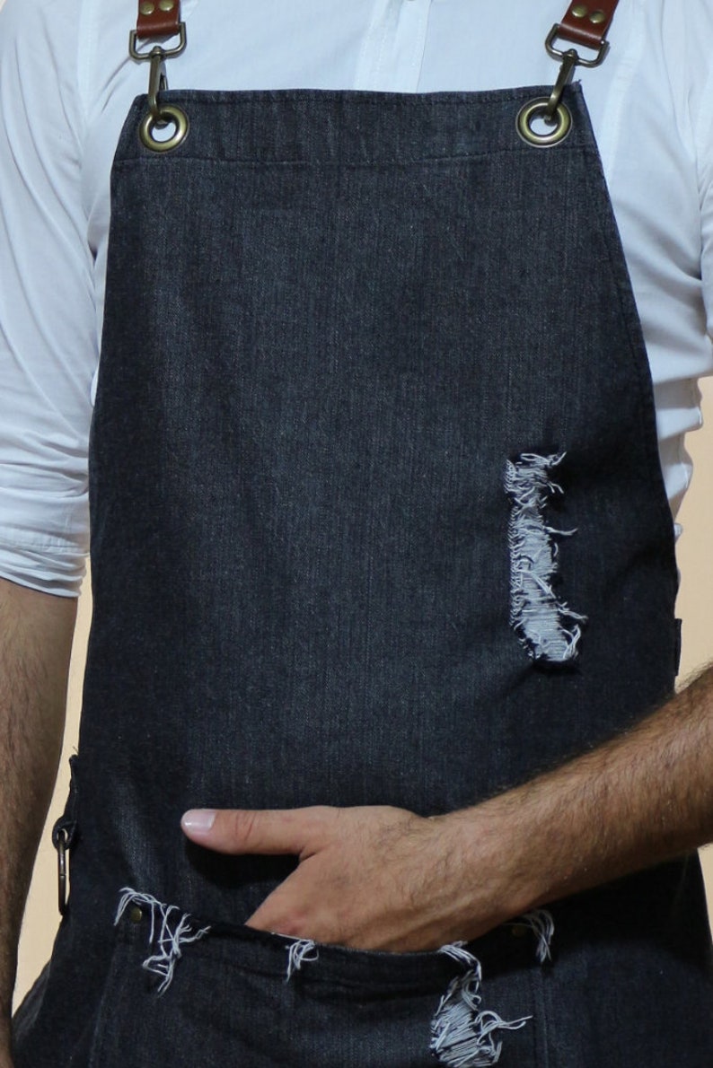 Stonewashed Black Denim Apron: Ripped Details, Leather Cross Back ...