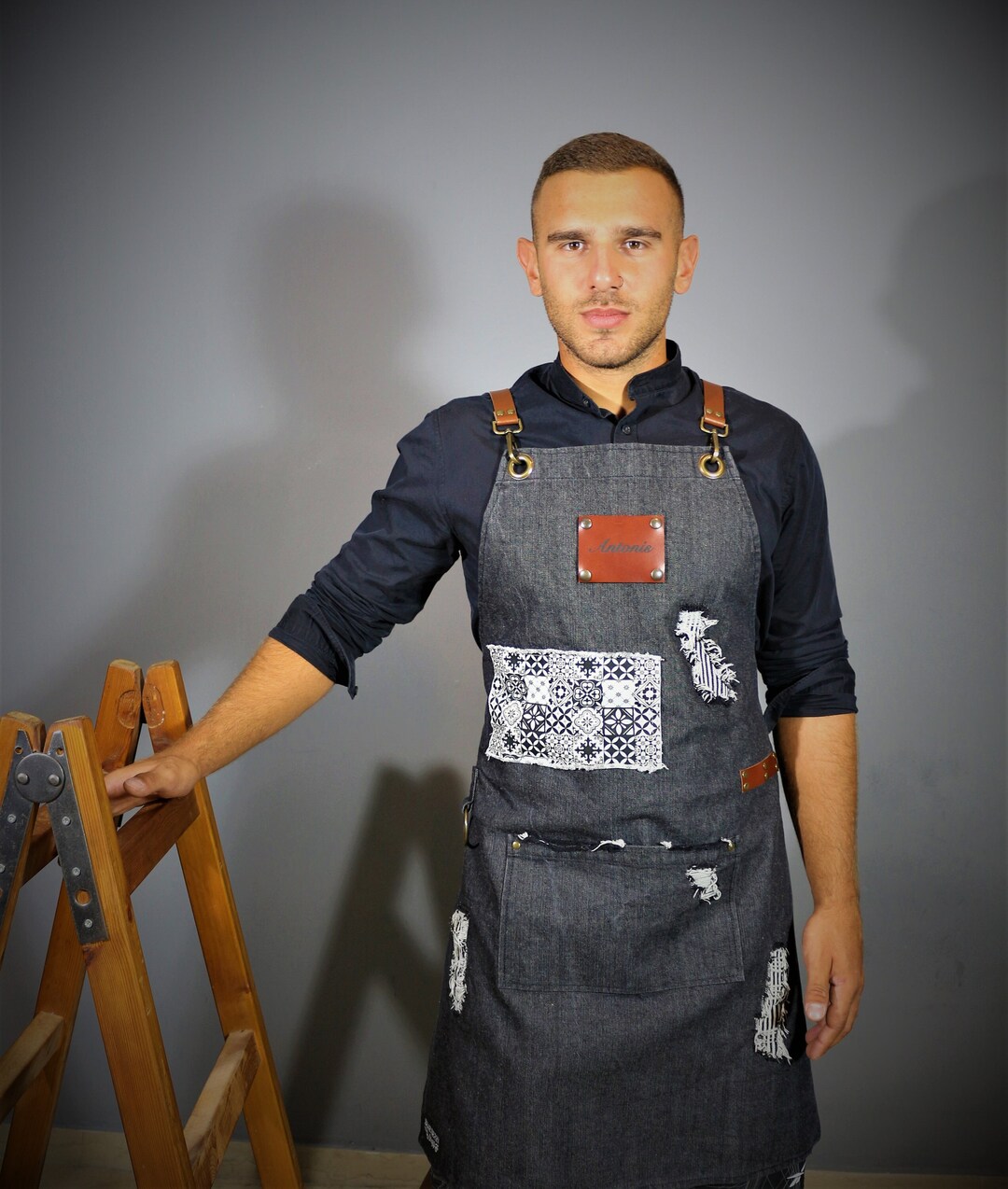 Stonewashed Black Denim Apron With Ripped Details & Retro Tile Pattern ...
