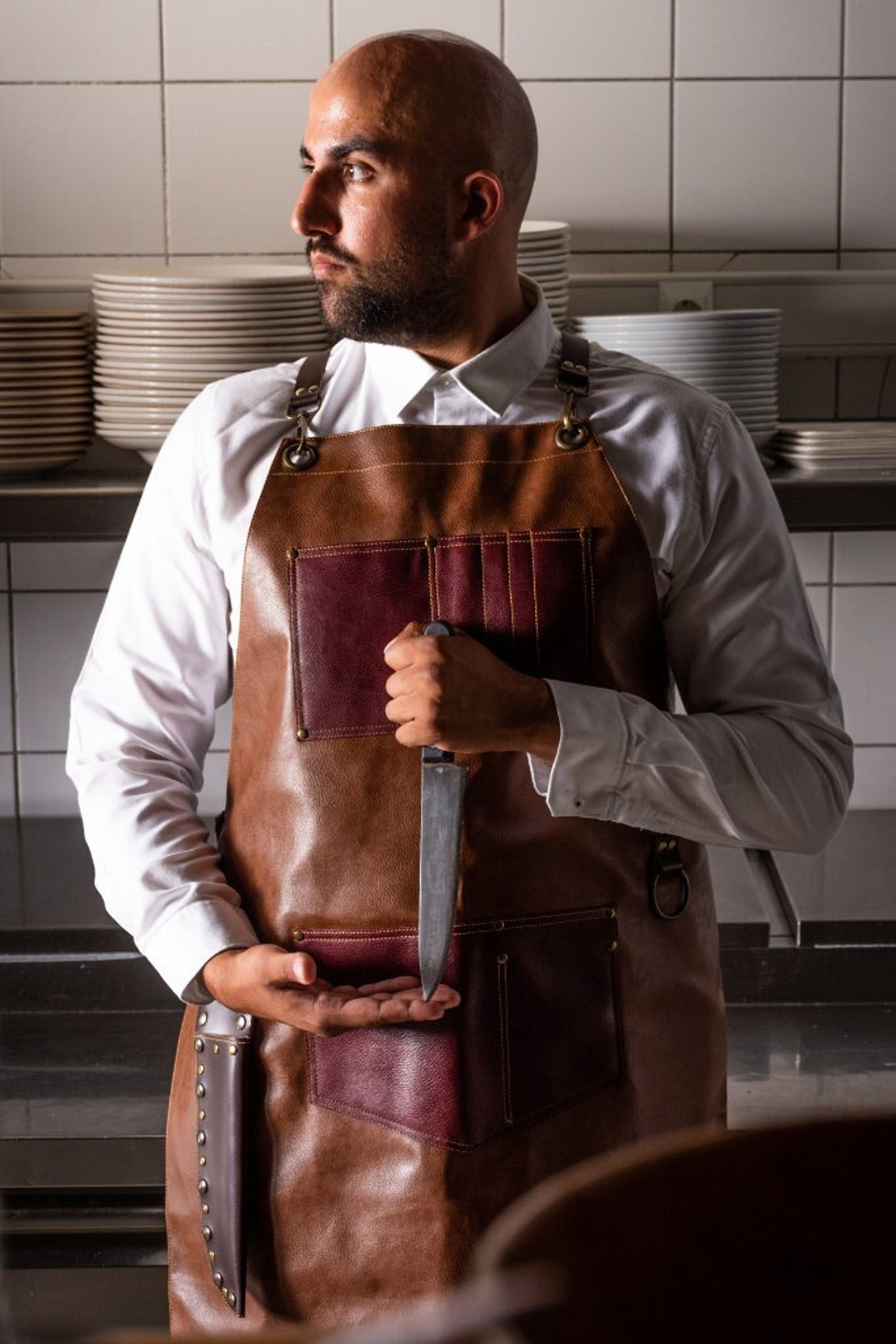 Handmade Leather Butcher Apron: Adjustable Cross Back Straps, Knife ...