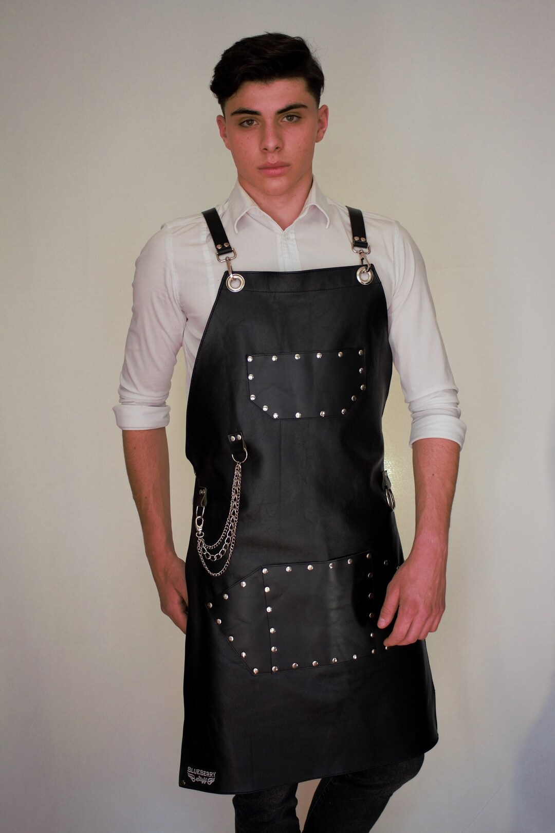Black Leather Apron: Cross Back Straps, Metal Rock Details - Etsy