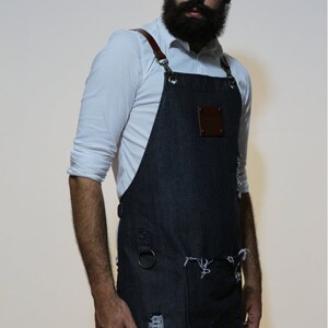 Stonewashed Black Denim Apron: Ripped Details, Leather Cross Back ...