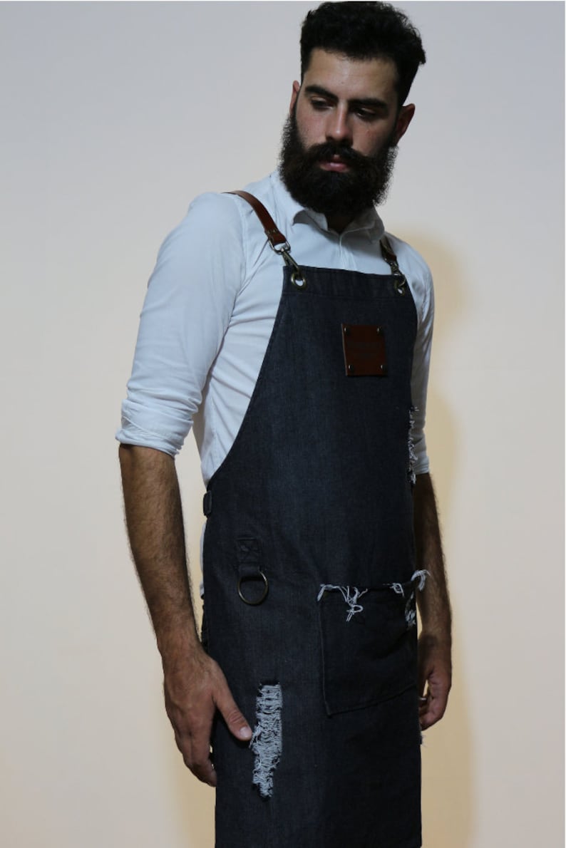 Stonewashed Black Denim Apron: Ripped Details, Leather Cross Back ...