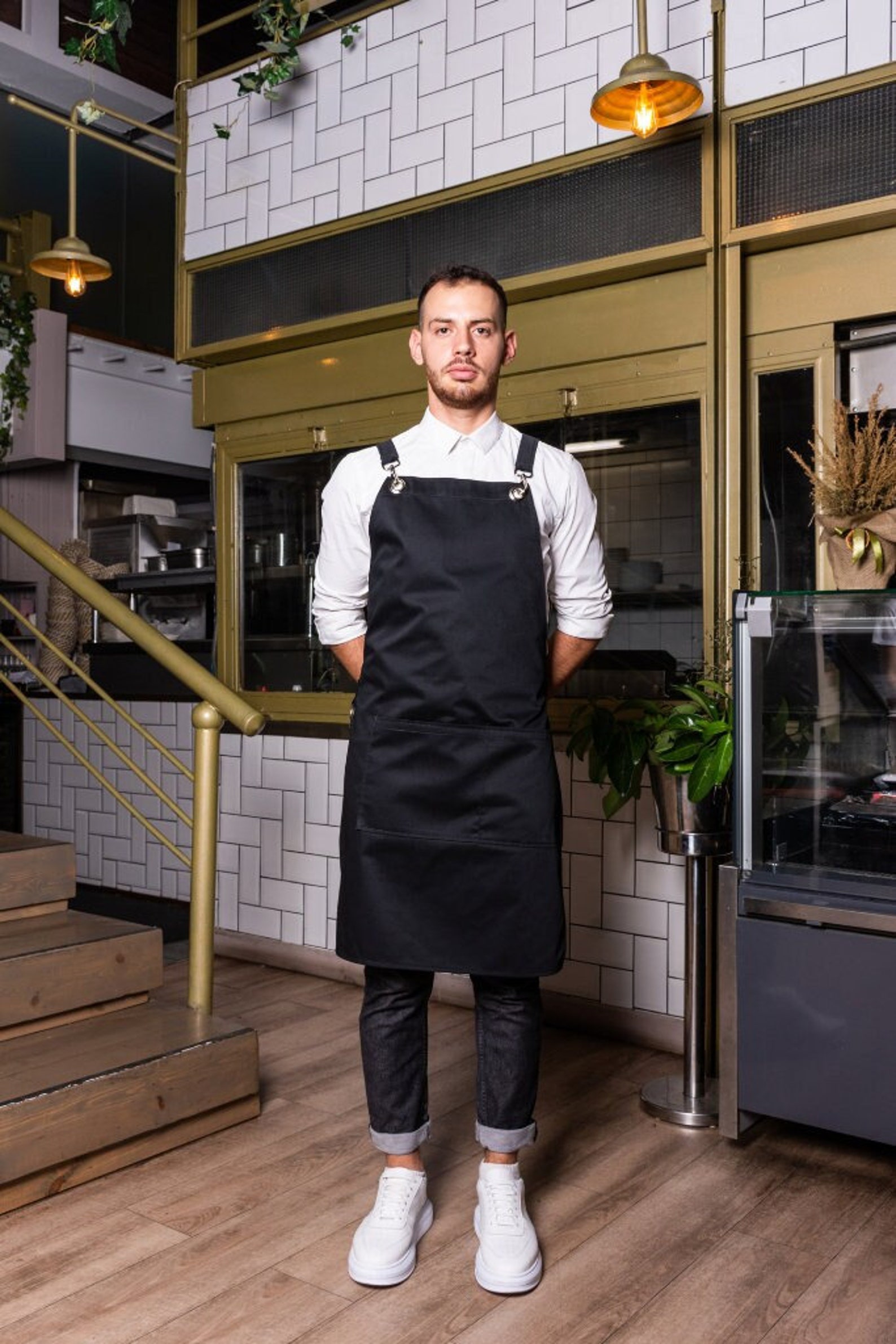 Black Poly Cotton Apron With Cross Back Straps, Functional Pocket and ...