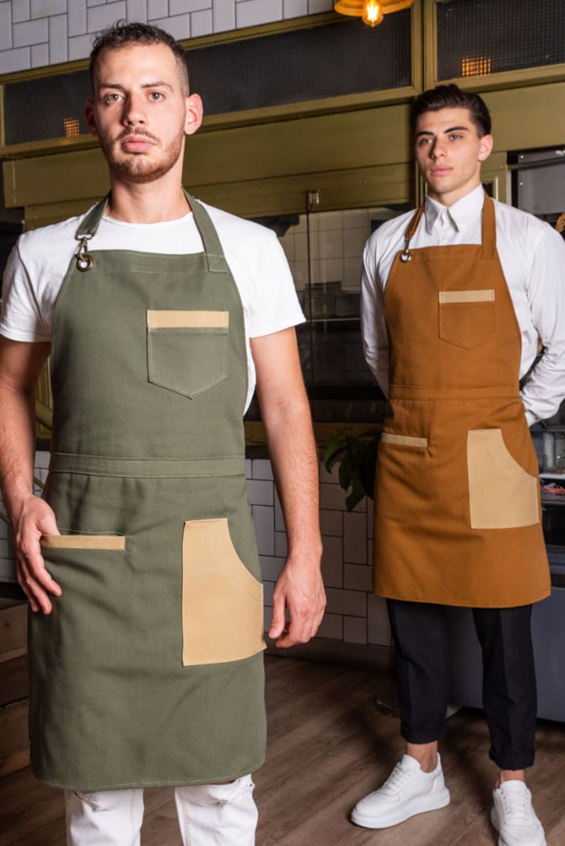 2 Aprons Combined in 1 Beautiful Olive Green Canvas Apron Adjustable ...