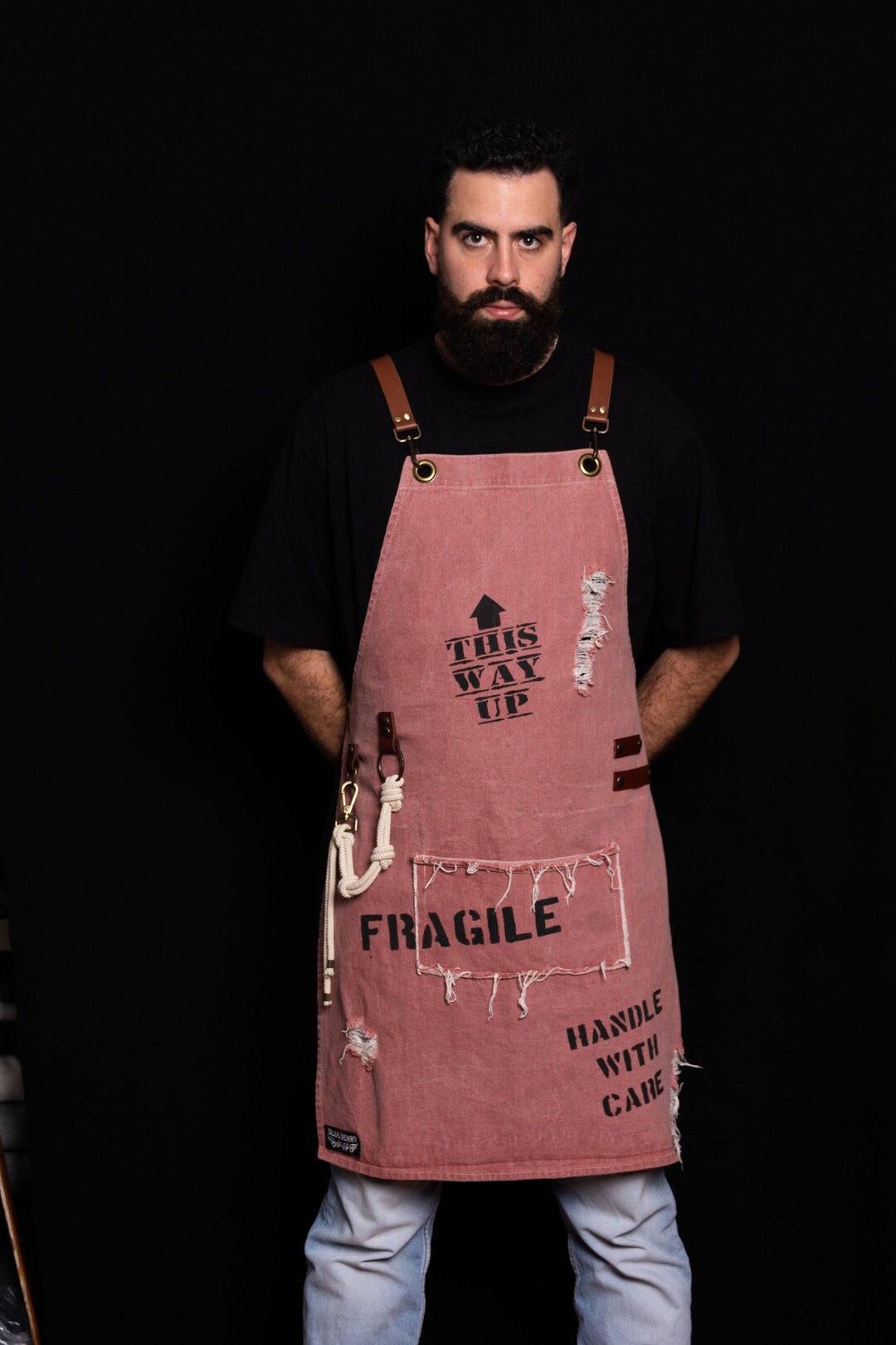 Stonewashed Denim Apron: Light Maroon, Cross Back Straps, Ripped ...