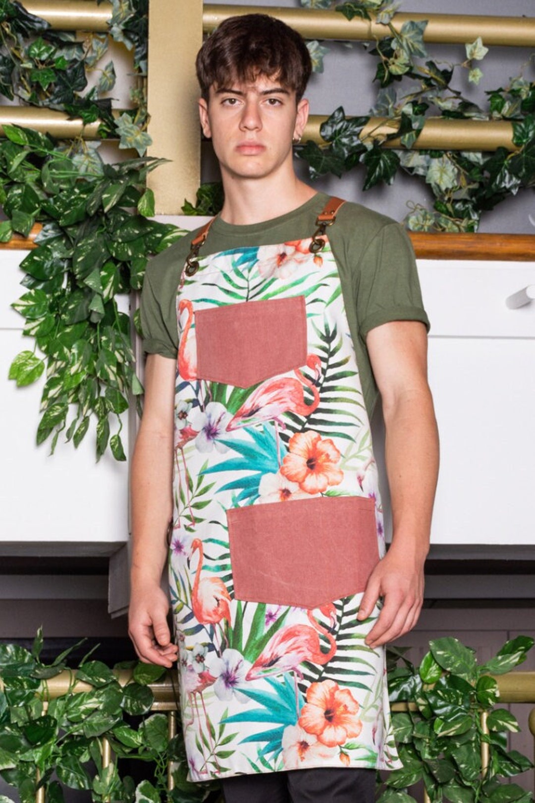 Tropical and Flamingos Pattern Cotton Apron With Leather - Etsy