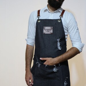 Stonewashed Black Denim Apron: Ripped Details, Leather Cross Back ...