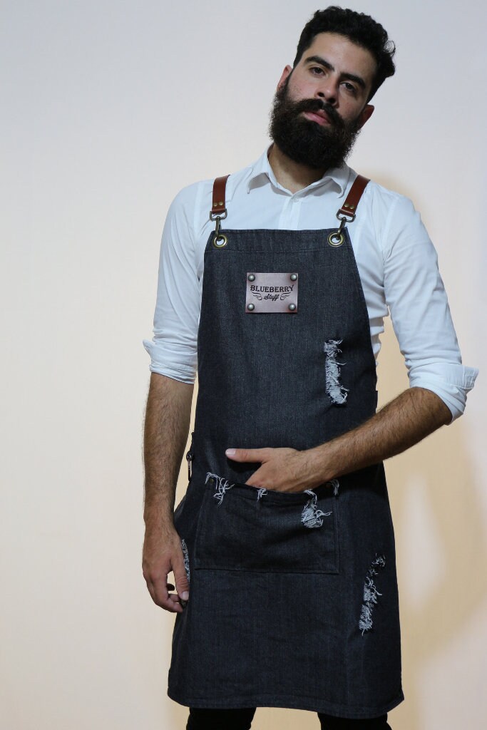 Stonewashed Black Denim Apron: Ripped Details, Leather Cross Back ...
