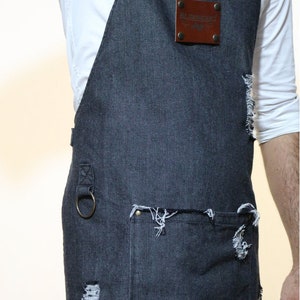 Stonewashed Black Denim Apron: Ripped Details, Leather Cross Back ...