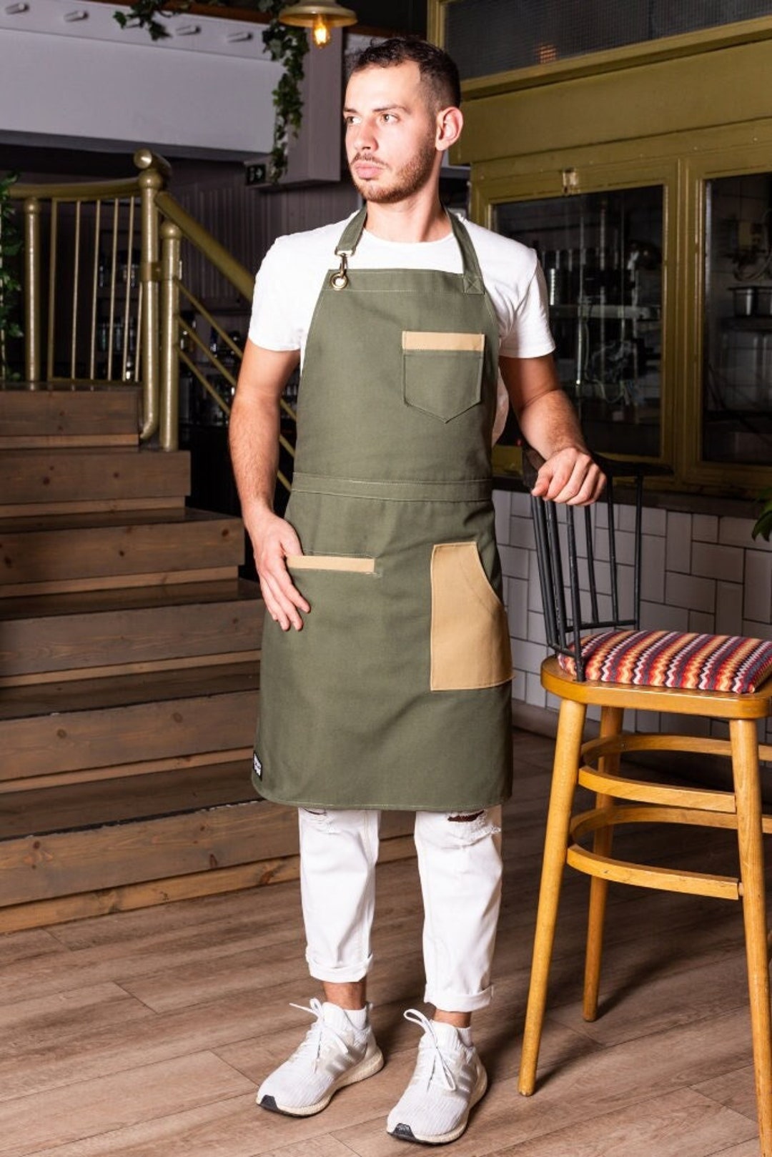 2 Aprons Combined in 1! Beautiful Olive Green Canvas Apron | Adjustable Neck Strap & Three ...