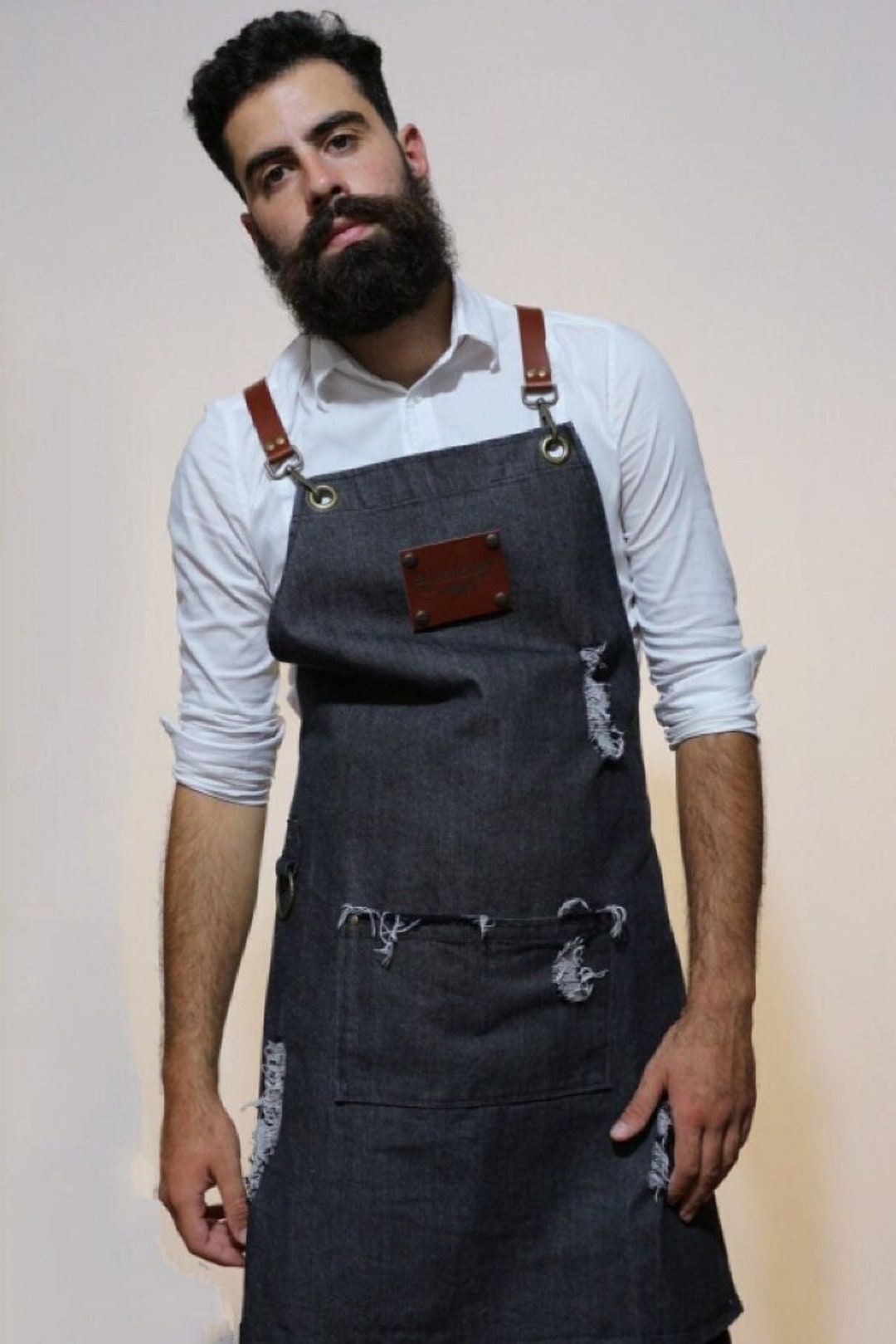 Stonewashed Black Denim Apron: Ripped Details, Leather Cross Back ...