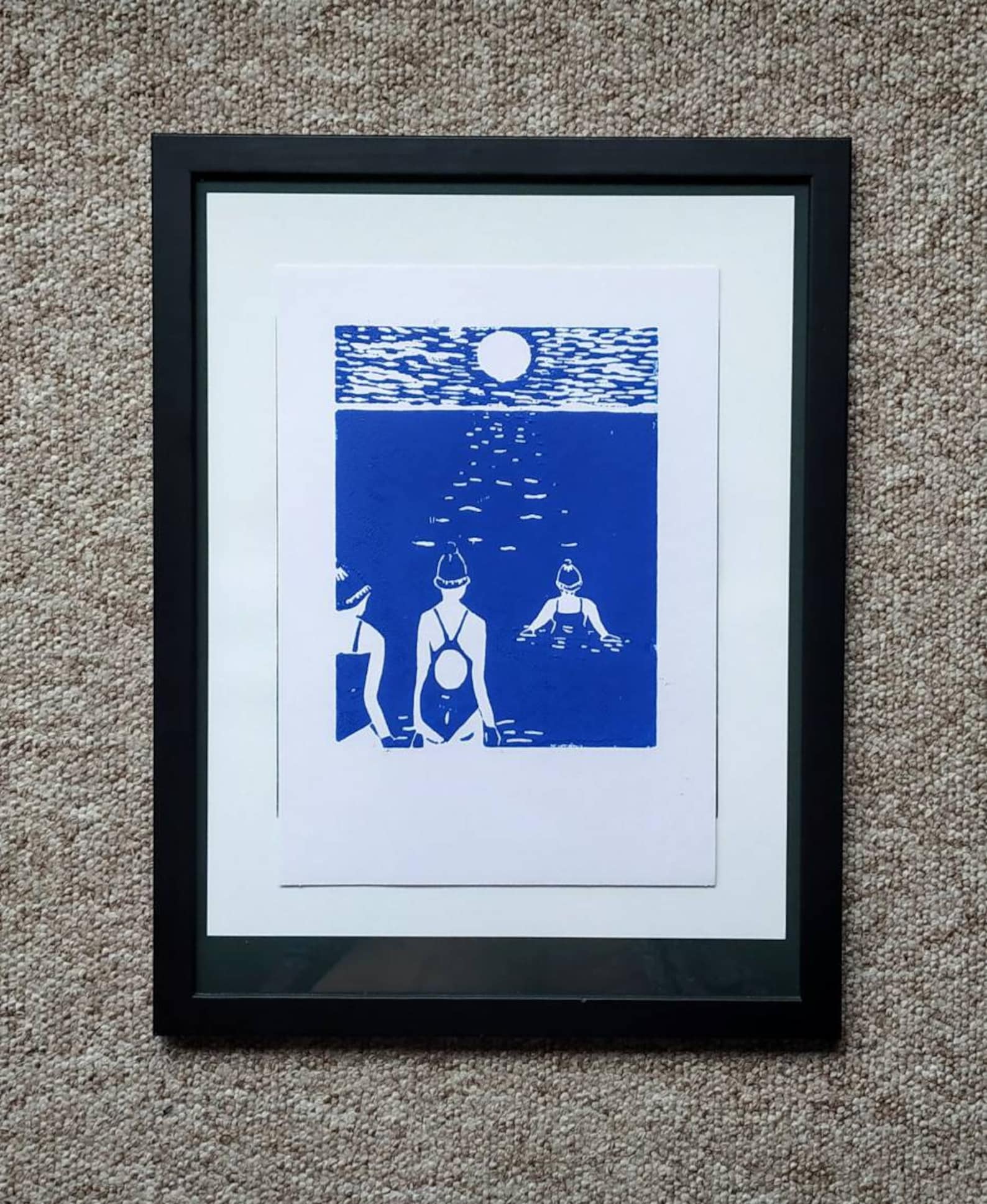 Original Lino Print. Cold Water Sea Swimming in Blue. Worthing in Blue ...