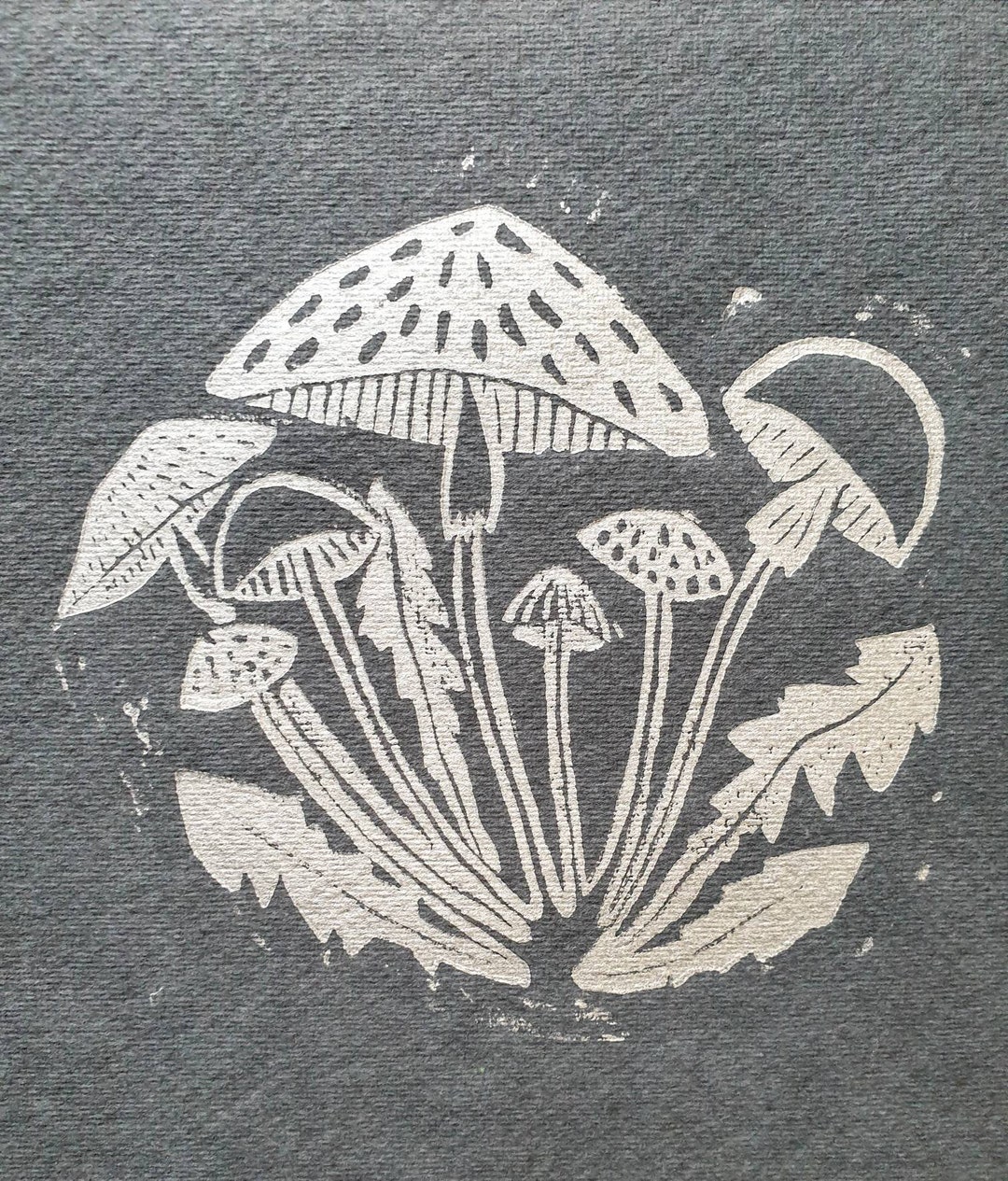 Mushroom Design Lino Print in Silver on Black, Handmade Khadi Paper ...