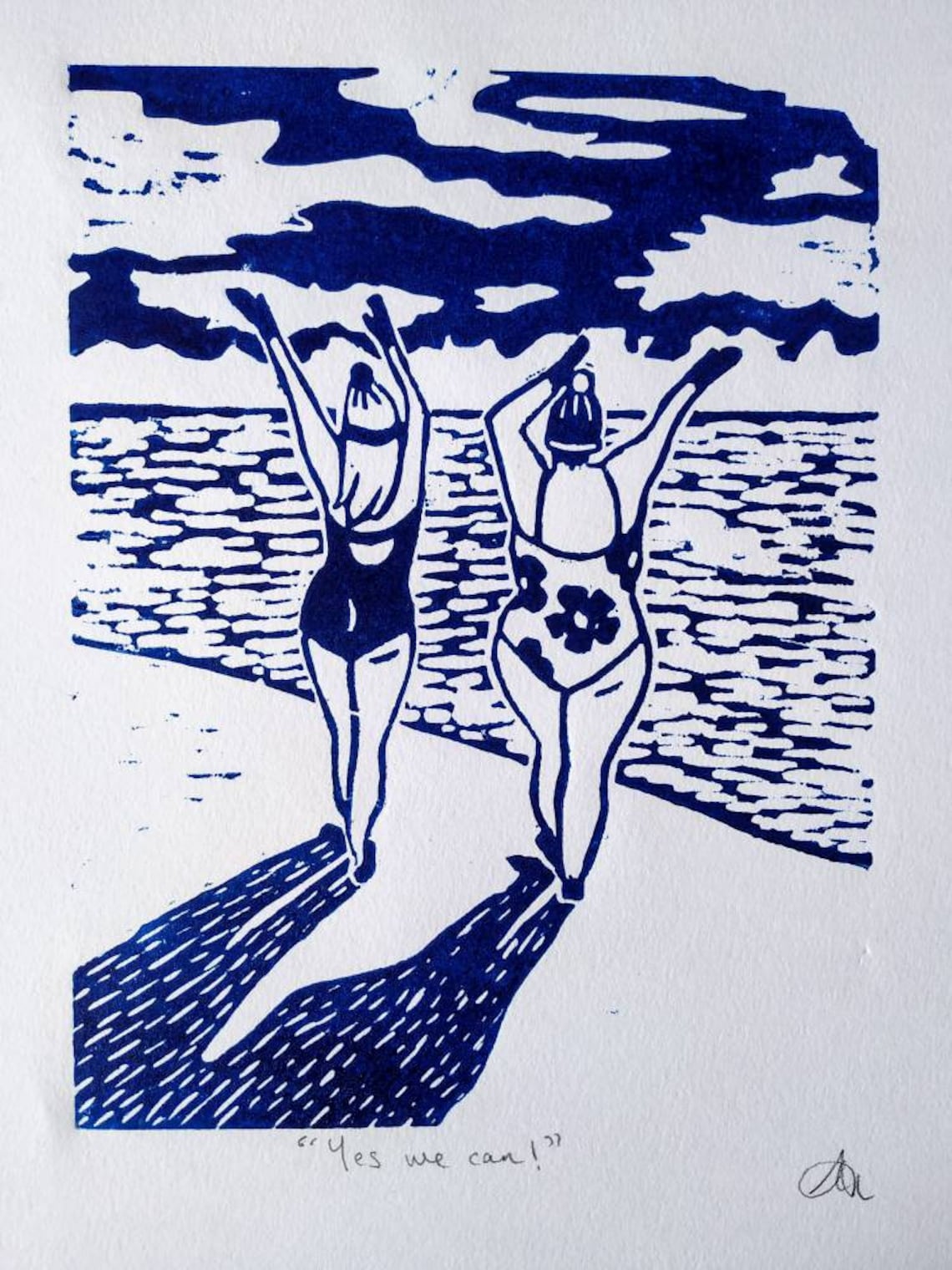 Original Lino Print Featuring Cold Water Sea Swimmers on Worthing Beach ...