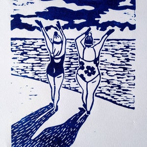 Original Lino Print Featuring Cold Water Sea Swimmers on Worthing Beach ...